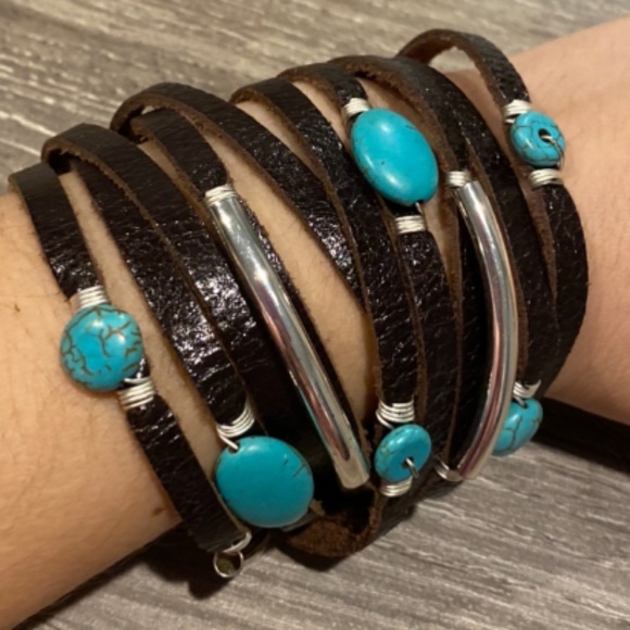 Jewelry | Leather And Turquoise Wrap Around Bracelet | Poshmark